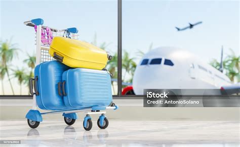 공항에서 수하물 카트에 있는 여행 가방의 3d 렌더링 3차원 형태에 대한 스톡 사진 및 기타 이미지 3차원 형태 디지털 생성 이미지 비행기 Istock