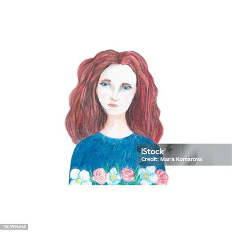 흰색 배경에 컬러 연필 소녀 초상화 추상적인 청녀 초상화 텍스트 공간입니다 카드 배경 또는 기타 디자인의 요소입니다 색연필에