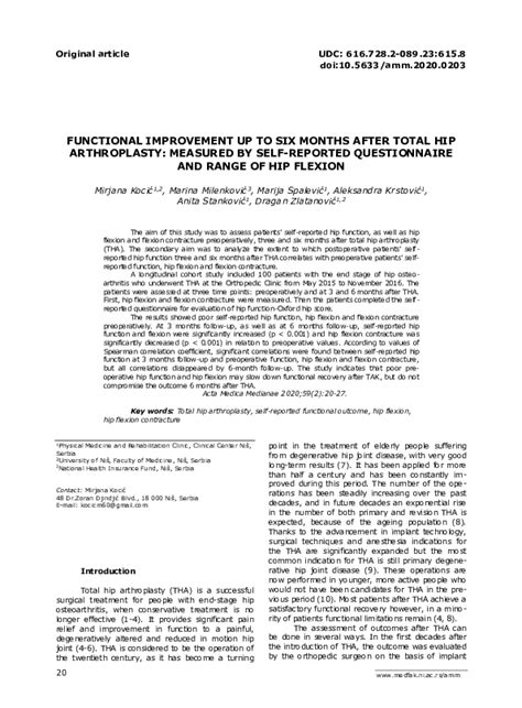 Pdf Functional Improvement Up To Six Months After Total Hip Arthroplasty Measured By Self