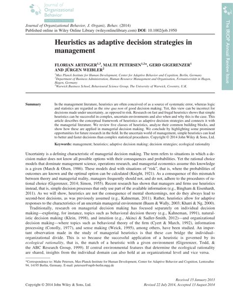 Pdf Heuristics As Adaptive Decision Strategies In Management