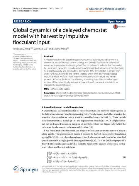 Pdf Global Dynamics Of A Delayed Chemostat Model With Harvest By Impulsive Flocculant Input