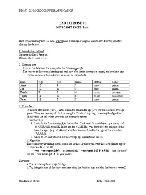 Lab Exercise Msexcell 2021 1 Pdf Worksheet Microsoft Excel
