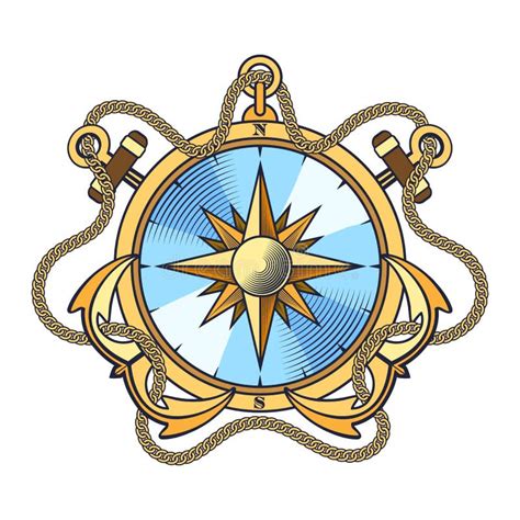 Nautical Compass And Anchors With Chains Emblem Stock Vector