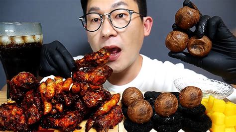 블랙특집ㅎ 푸라닭 블랙알리오치킨black Chicken블랙오징어링블랙치즈볼 먹방 Real Sound Mukbang