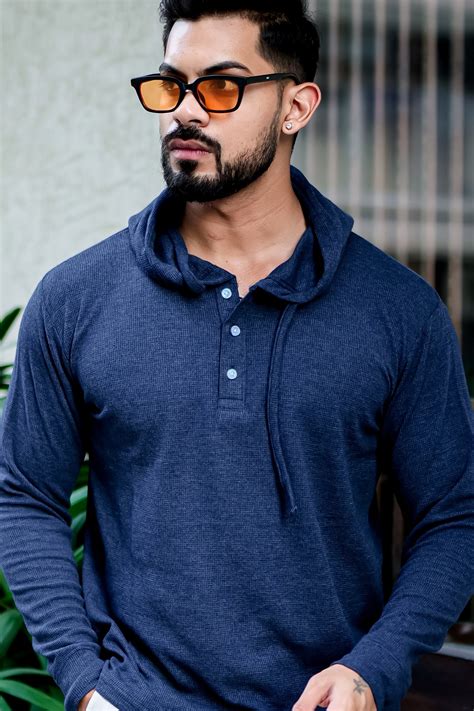 Dark Blue Waffle Placket Hooded T Shirt Gritstones