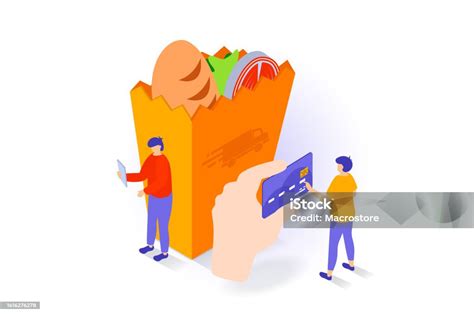 3d 아이소메트릭 디자인의 음식 배달 개념 사람들은 택배 빠른 배송 및 신용 카드 결제로 슈퍼마켓에서 제품 가방을 주문합니다 웹