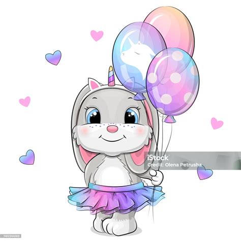 유니콘 머리띠와 무지개 치마가 달린 귀여운 만화 토끼가 풍선을 들고 있습니다 유니콘에 대한 스톡 벡터 아트 및 기타 이미지
