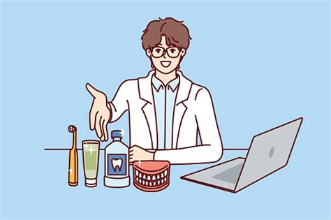 남자 치과의사가 책상에 앉아 노트북과 치과 진료용품을 들고 화면에 손을 대고 있다 가글에 대한 스톡 벡터 아트 및 기타 이미지