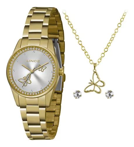 Kit Rel Gio Feminino Lince Strass Dourado Frete Gr Tis