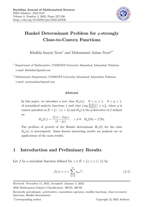 Pdf Hankel Determinant Problem For Q Strongly Close To Convex Functions