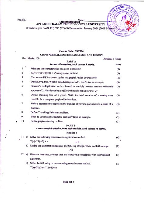 Cst306 Algorithm Analysis And Design January 2024 Reg No I 2 3 4 5