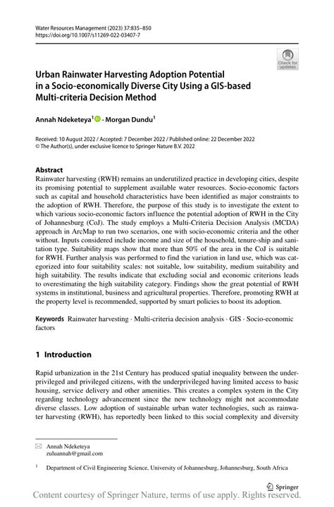Urban Rainwater Harvesting Adoption Potential In A Socio Economically Diverse City Using A Gis