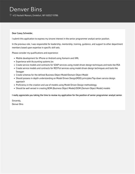 Senior Programmer Analyst Senior Cover Letter Velvet Jobs