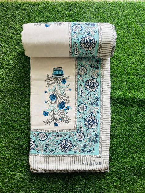 Floral Print Mulmul Lightweight Cotton Dohar Blanket For Double Bed Blue