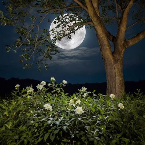 Full Moon Hiding Behind A Tree Well Lit Leaves And Flowers Premium Ai