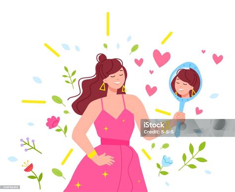 이기적인 반성 자기 만족 여자는 모양 거울을 보며 여성 자아 자랑스러운 여성 나르시시즘 이기적인 사랑 아름다운 슬림 바디 웃는