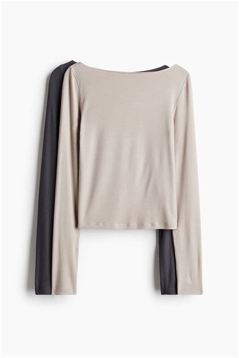 2 Pack Ribbed Boat Neck Tops Light Greigedark Grey Ladies Handm Gb