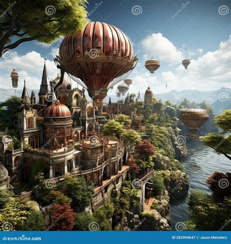 A Sail Powered Airship Floating Above An Exotic City In A Fantasy Landscape Stock Illustration