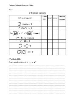 Ordinary Differential Equations ODEs Worksheets Answer Key TPT