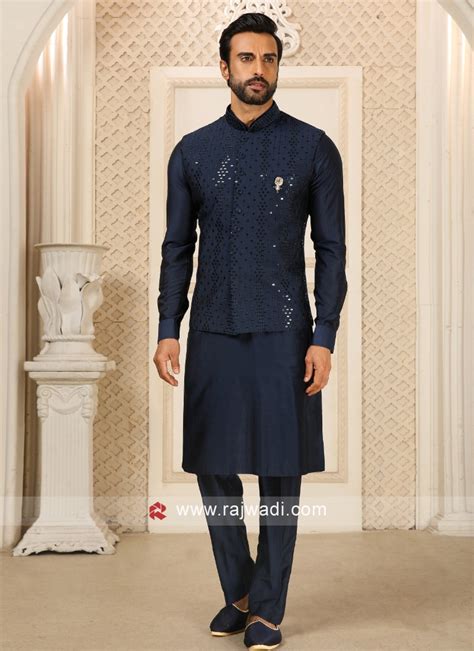 Stylish Embroidered Navy Blue Nehru Jacket Set