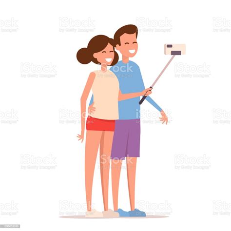젊고 행복한 부부가 셀카를 찍고 있습니다 스마트폰과 셀카봉을 들고 함께 사진을 찍었습니다 에 격리 된 플랫 벡터는 흰색입니다