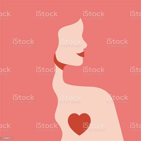 그녀의 마음에 사랑을 가진 실루엣 여자입니다 프로필 보기에서 긴 분홍색 머리와 빨간 입술을 가진 소녀입니다 하트 모양에 대한