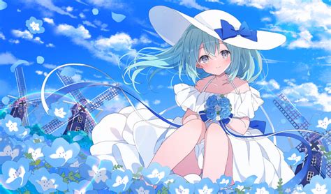 Smiling Hat Windmill Dress Clouds Flowers Petals Sky Blushing