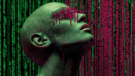 Digital Human Head With Cracked Surface And Red Binary Code Dripping