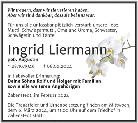 Traueranzeigen Von Ingrid Liermann Abschied Nehmen De