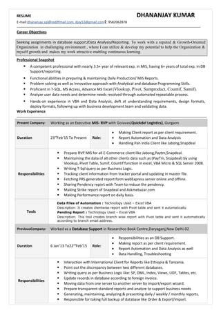 Dkumar Excel With Vba Sql Cv Doc Having Yr Exp In Mis Pdf
