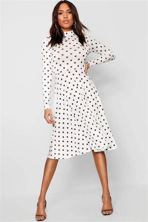 Boohoo High Neck Long Sleeve Polka Dot Midi Dress Midi Dress High