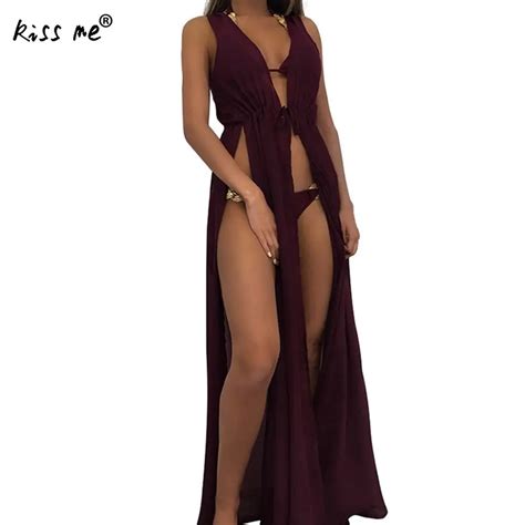 Side Slit Drawstring Beach Dress Deep V Beach Cover Up Solid Womens