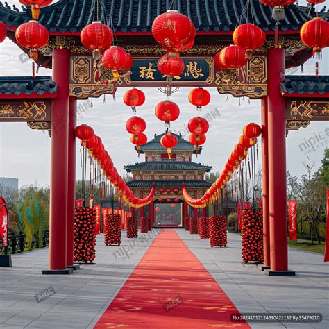 Ai创作图红色喜庆道具门楼 红灯笼大门 喜庆拱门廊道 大门春节喜庆 中国年大门 门楼红灯笼 喜庆门楼 大唐芙蓉园大门 中式婚礼门楼 新春游园喜庆装饰 春节中式建筑 红灯笼幕墙拱门 城市春节布置