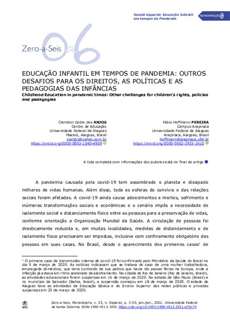 Pdf Educação Infantil Em Tempos De Pandemia Outros Desafios Para Os