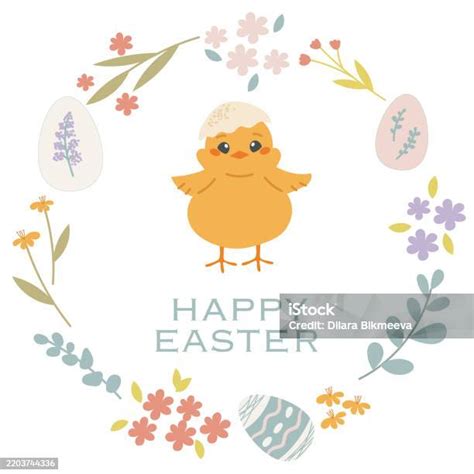 행복한 부활절 프레임 복사 공간이있는 테두리 병아리 달걀 꽃 현대적인 플랫 스타일 디자인 파스텔 색상 포스터 카드 스크랩북