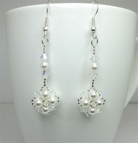 White Swarovski Crystal Ab And Pearl Bridal Wedding Earrings