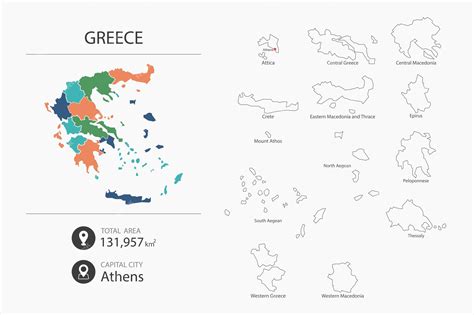 詳細な国の地図を持つギリシャの地図 都市の総面積と首都の地図要素 プレミアムベクター
