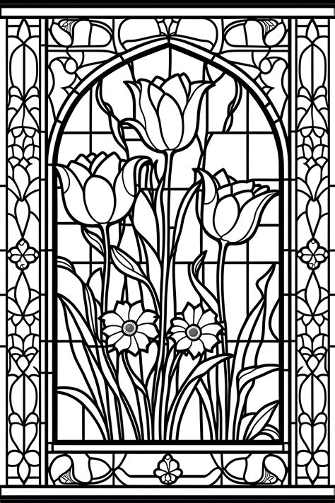 Flowers Stained Glass Window Printable Adult Coloring Page From