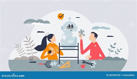 Youth In Tech And Teenagers Work With Robots Coding Tiny Person Concept Stock Vector