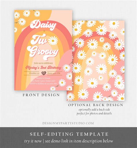Editable Two Groovy Birthday Party Invitation 2nd Birthday Etsy