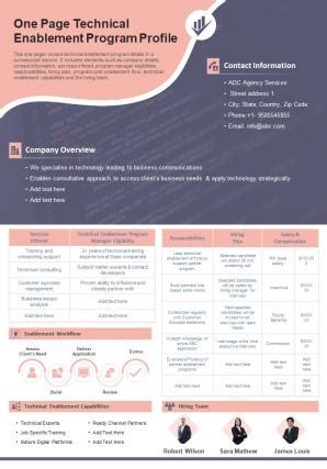 One Pager Technical Enablement Project Report PDF Document PPT Template