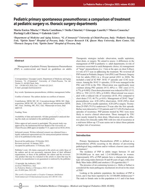 Pdf Pediatric Primary Spontaneous Pneumothorax A Comparison Of Treatment At Pediatric Surgery