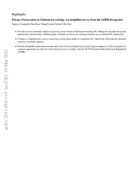 Pdf Privacy Preservation In Federated Learning An Insightful Survey From The Gdpr Perspective