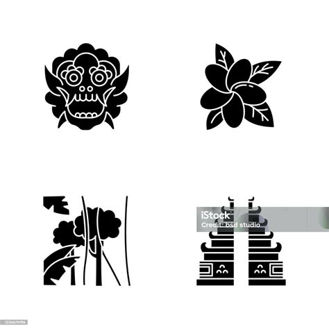 인도네시아 글리프 아이콘 세트입니다 열대 국가 식물입니다 인도네시아 섬에서 휴가 이국적인 문화 독특한 식물 발리 관광 및 건축 실루엣 기호입니다 벡터 절연 그림 0명에 대한