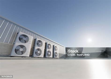 산업 플랜트 공장의 옥상에 있는 응축기 장치 또는 압축기의 3d 렌더링 Ac 또는 에어컨 Hvac 또는 난방 환기 및 에어컨