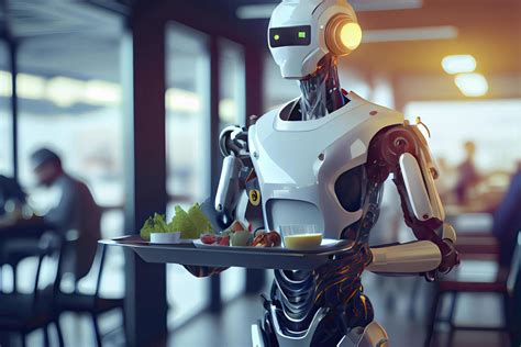 a humanoid robot waiter carries a tray of food and drinks in a
