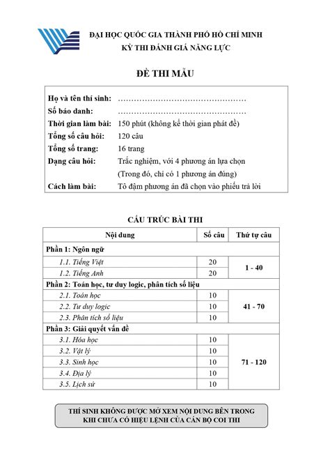 Đáp án Đề Thi Minh Họa đánh Giá Năng Lực Đại Học Quốc Gia Tphcm Năm 2023