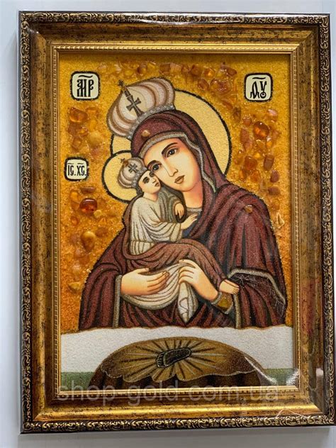 Икона Божья Матерь Почаевская с Младенцем Выполнена Из Янтаря в Рамке — Купить Недорого на