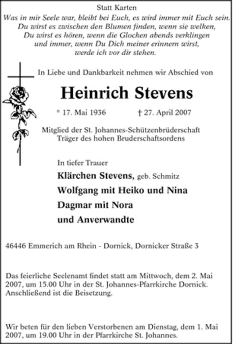 Traueranzeigen Von Heinrich Stevens Trauer In NRW De
