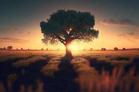 Premium Photo A Tree In A Field With The Sun Shining Through The Leaves